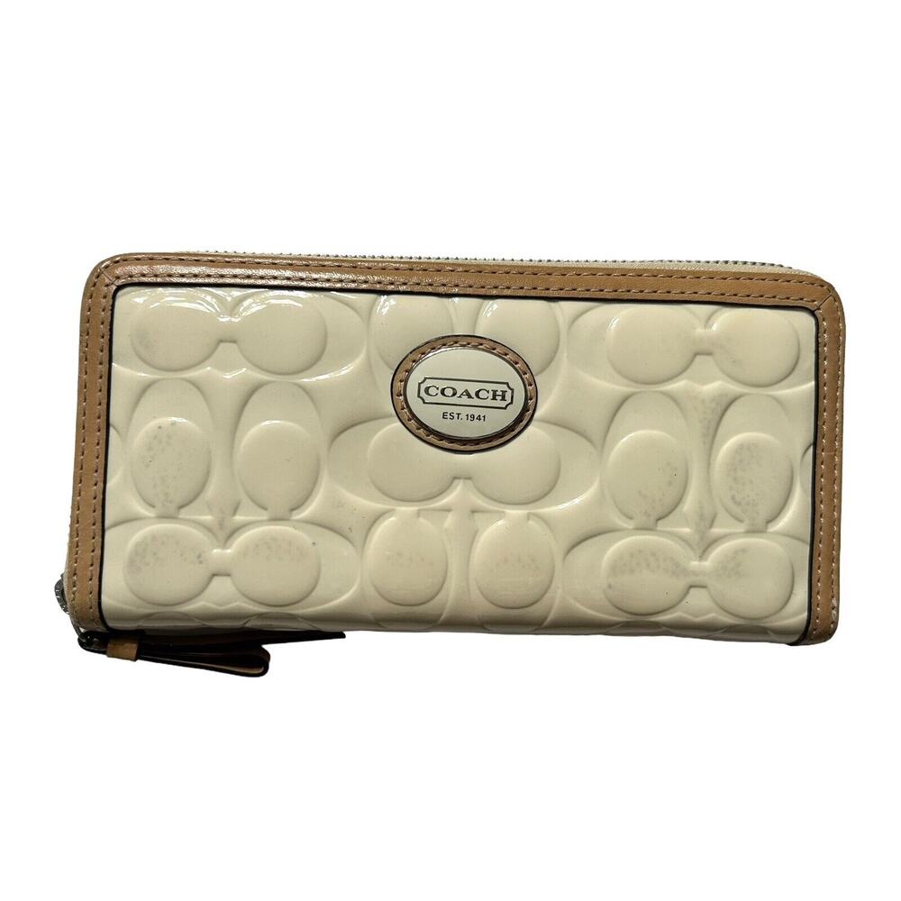 Coach Ivory And Tan Patent Leather C Logo Zip Around … - Gem
